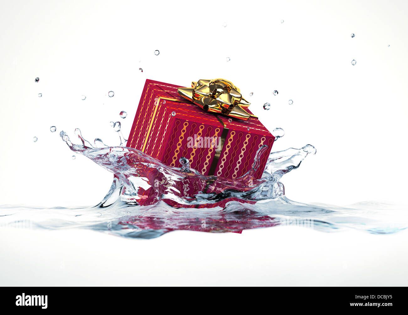 Decorated gift falling into water splashing. On white background Stock ...