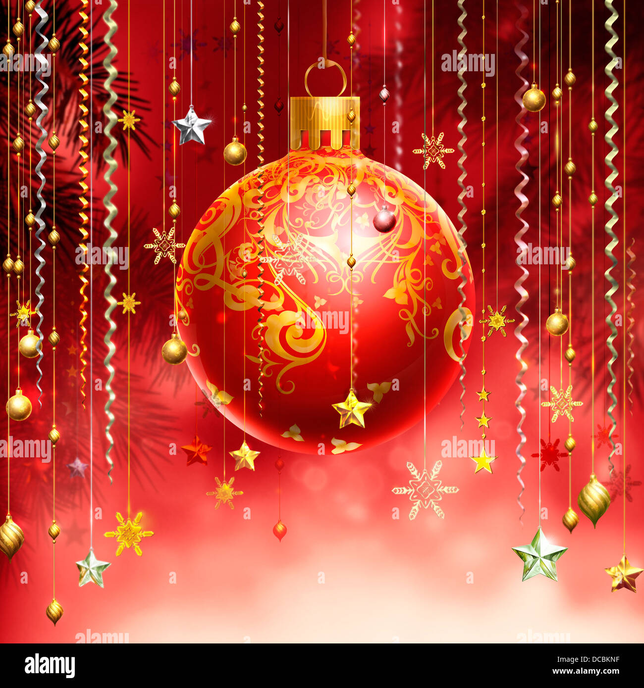 Christmas red abstract background with several decorations hanging down ...