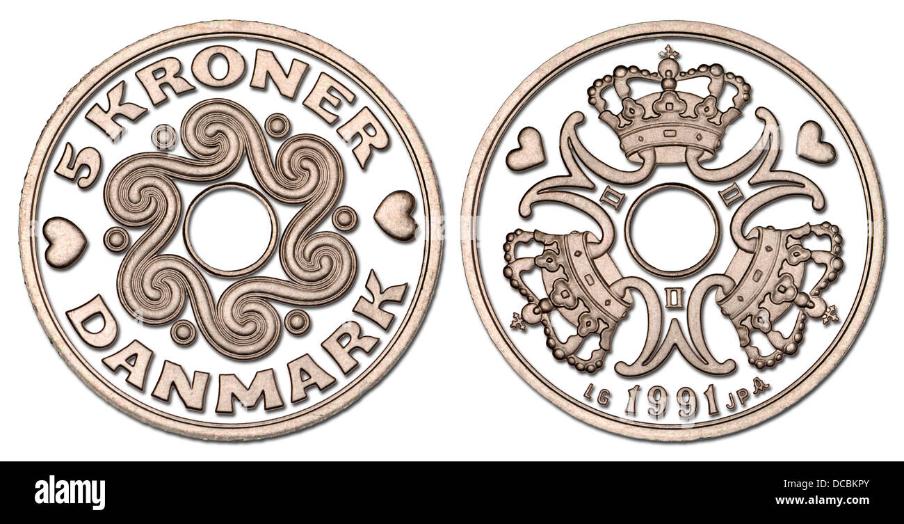 Danish 5 Kroner coin from 1991 - details digitally cutout and drop ...