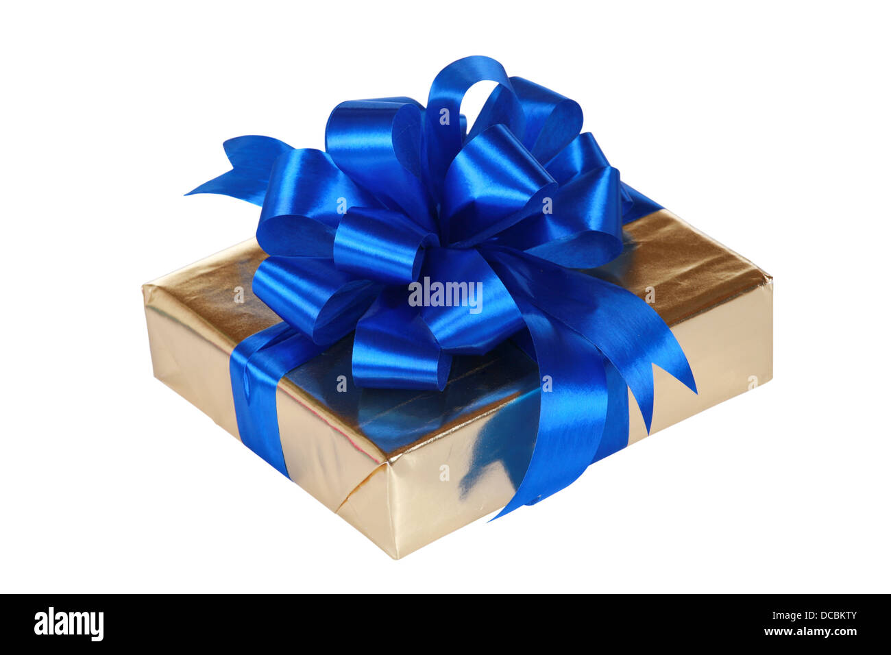 Gold present with blue ribbons Stock Photo - Alamy