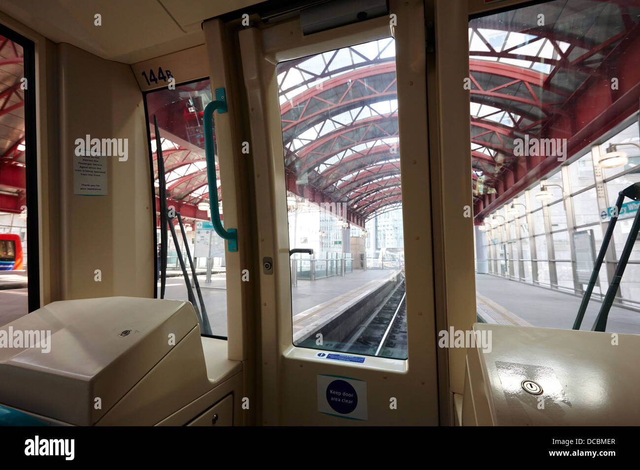 inside carriage at docklands light railway dlr canary wharf station ...