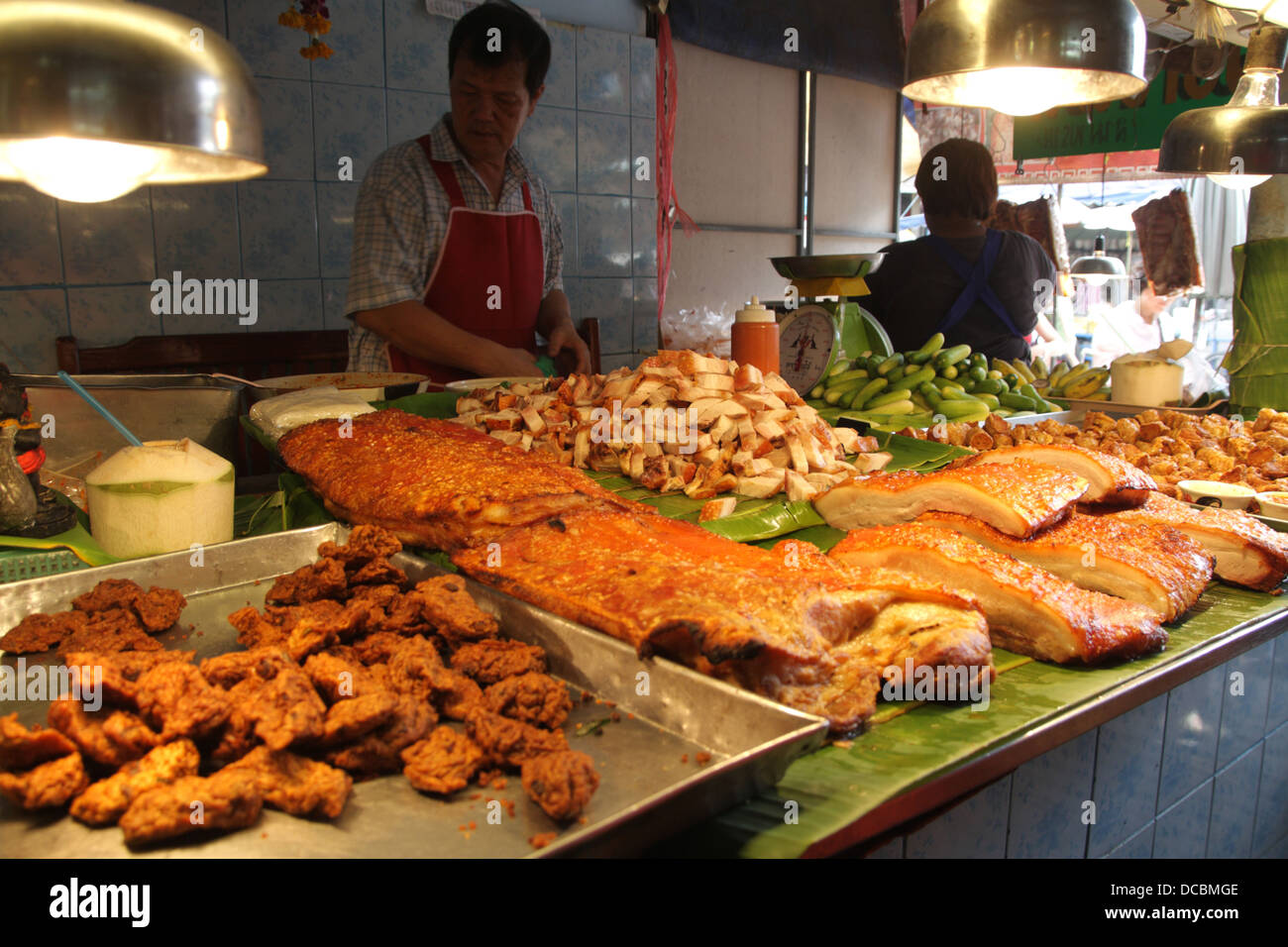 Roasted pork on stall in shop at Chatuchak Weekend Market , Bangkok ...