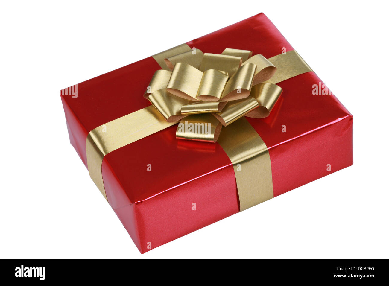 Red gift with gold ribbons Stock Photo - Alamy