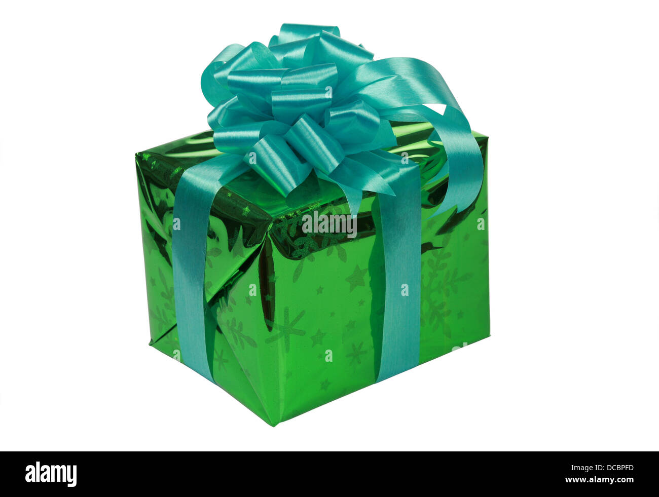 Green present with blue ribbons Stock Photo - Alamy