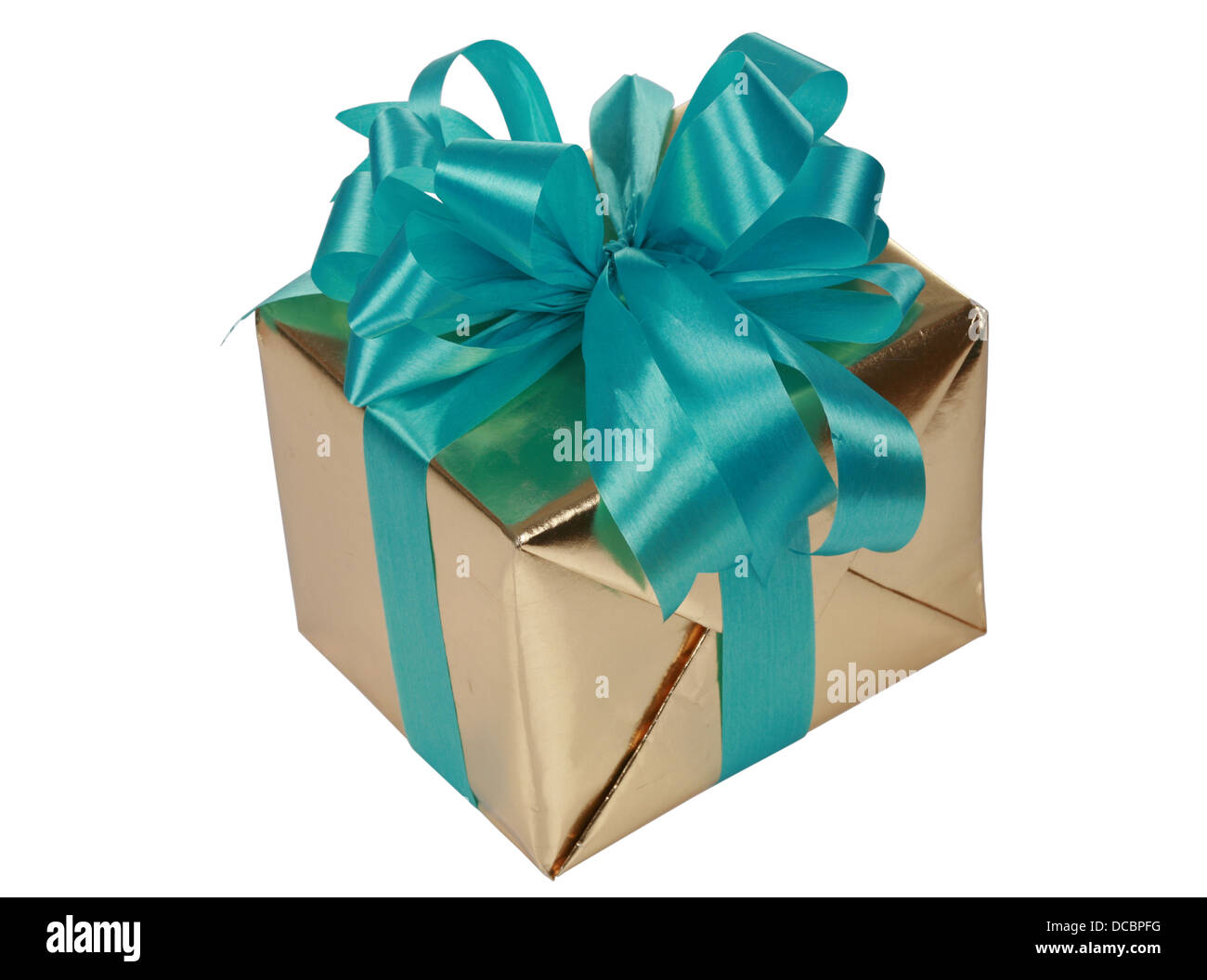 Gold present with blue ribbons Stock Photo - Alamy