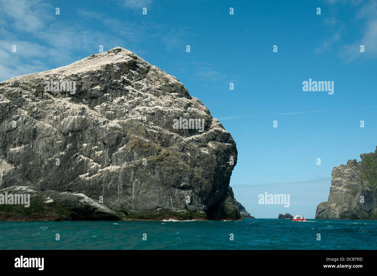 Tourist boat below Stac Lee, St Kilda archipelago, Outer Hebrides ...