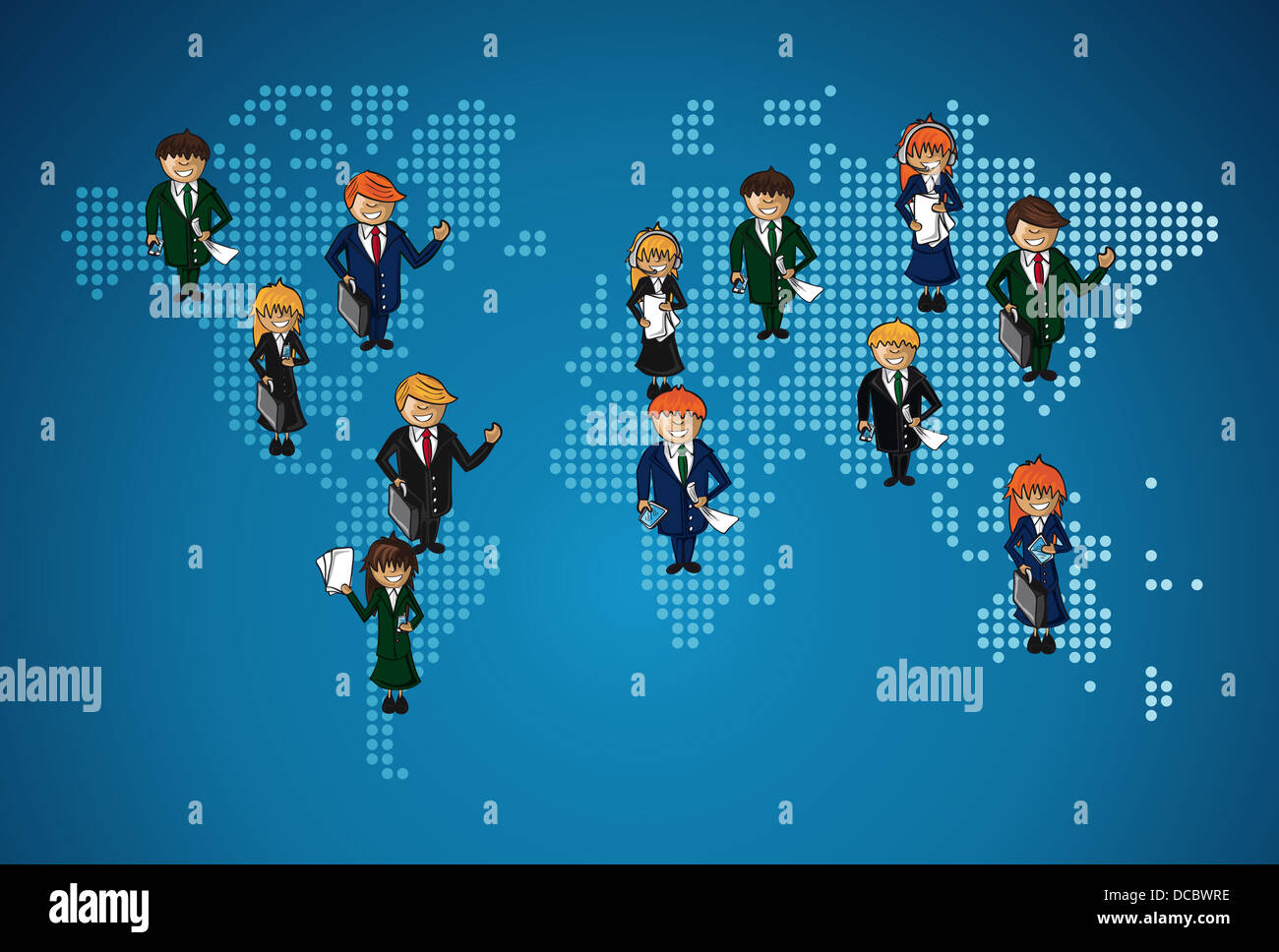 Global map business teamwork happy faces cartoon illustration. Vector ...