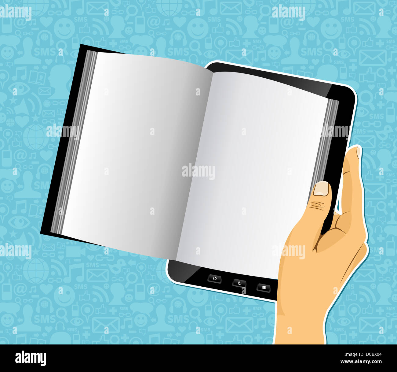 Human hand holds a digital book social media icons background. Vector ...