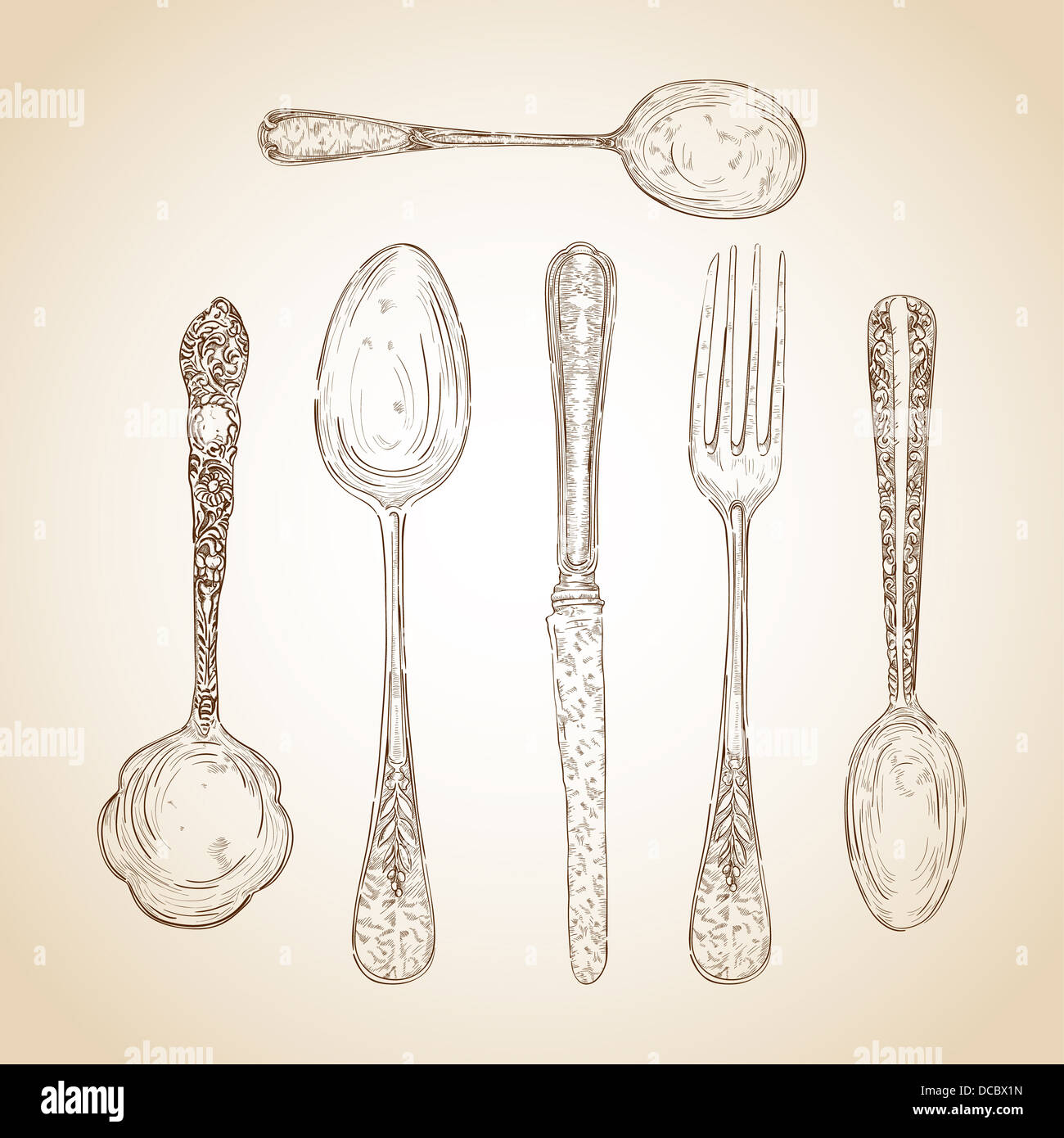 Retro transparent silverware icons sketch style illustration. Vector ...