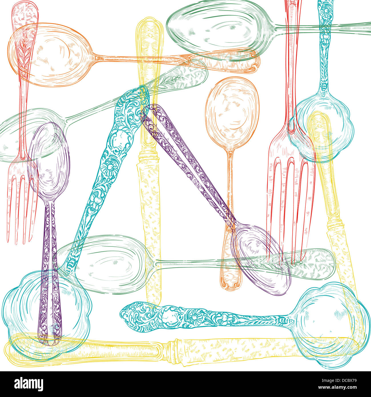 Vintage colorful transparent silverware items hand drawn illustration ...