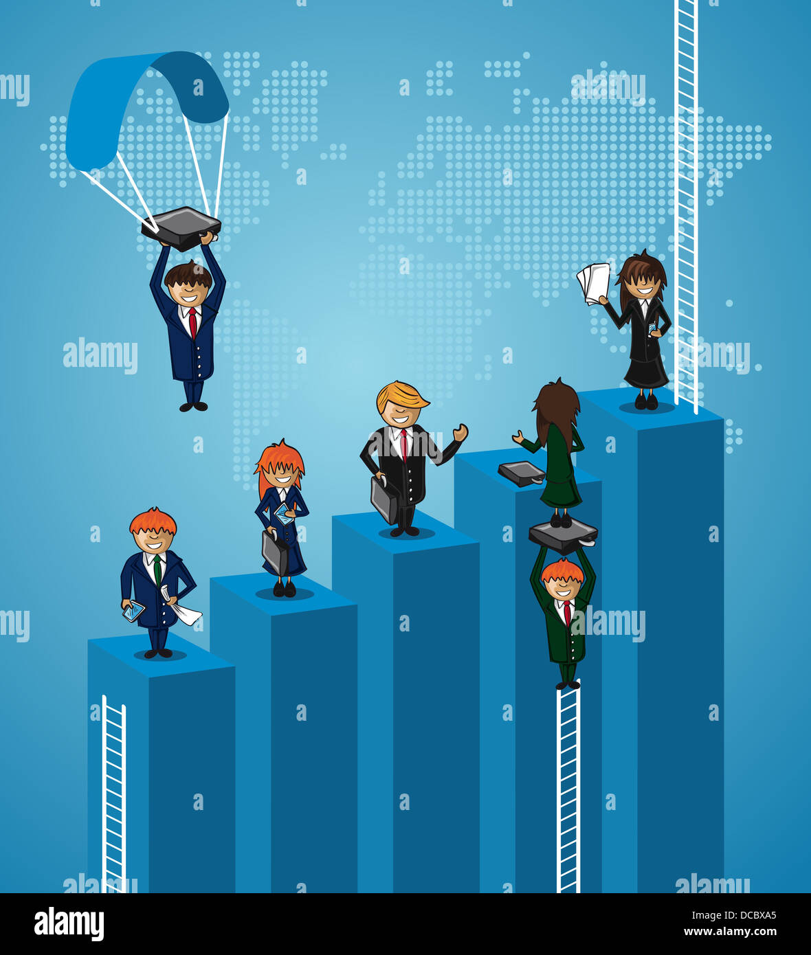 Teamwork world map business people with ladders concept. Vector file ...