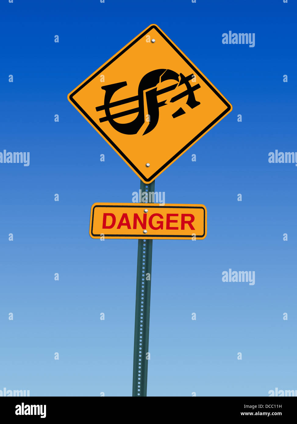 conceptual sign with dollar symbol and danger warning over blue sky ...