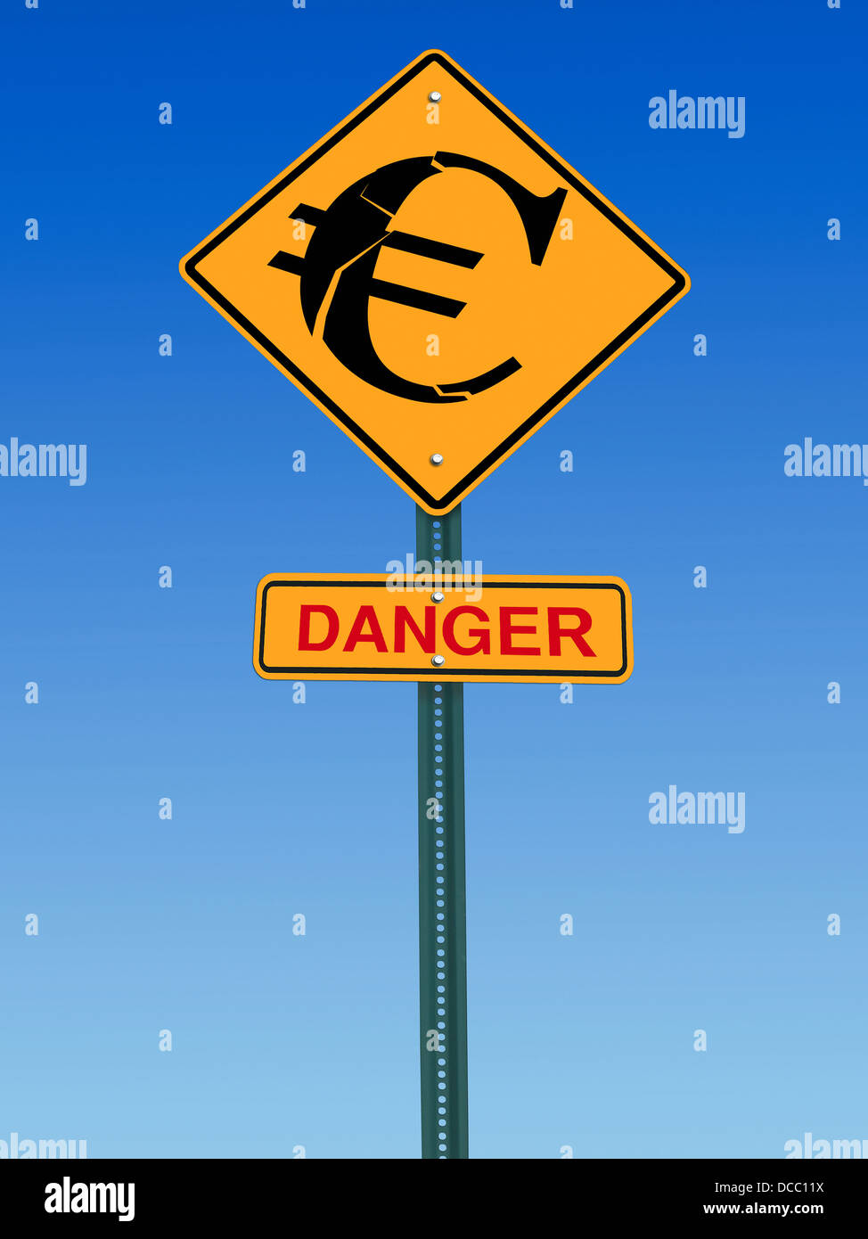 conceptual sign with euro symbol and danger warning over blue sky Stock ...