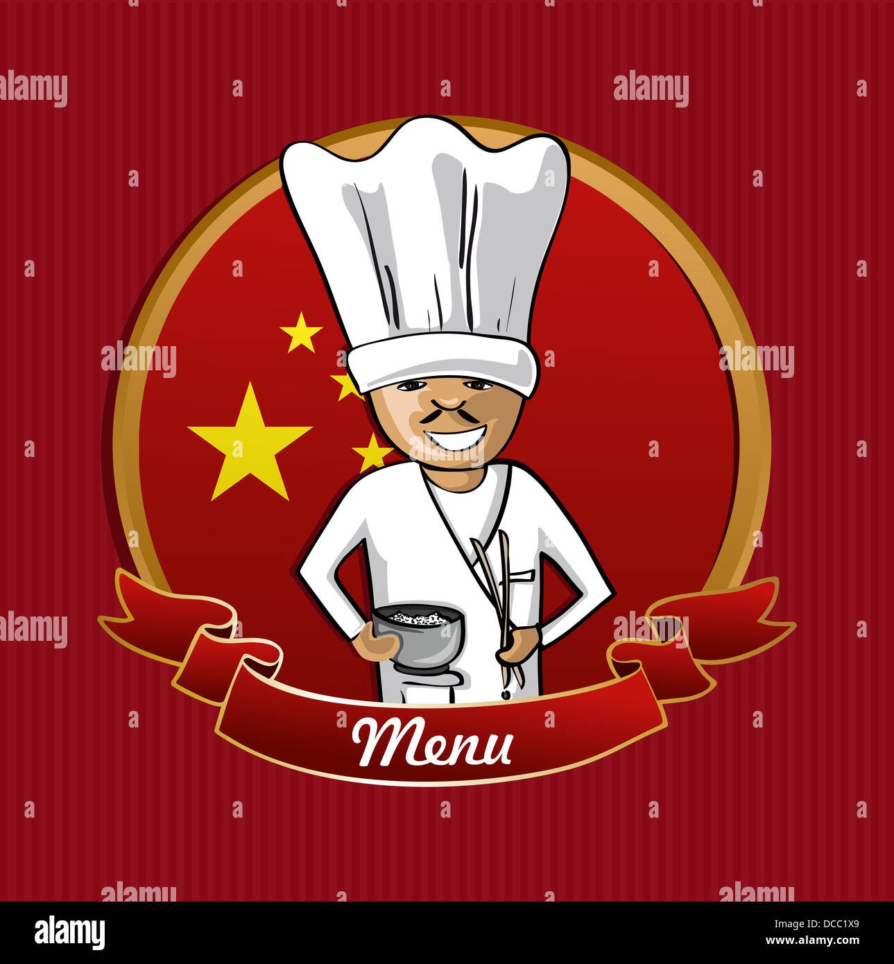 Chinese cook typical food menu label over China flag background. Vector ...