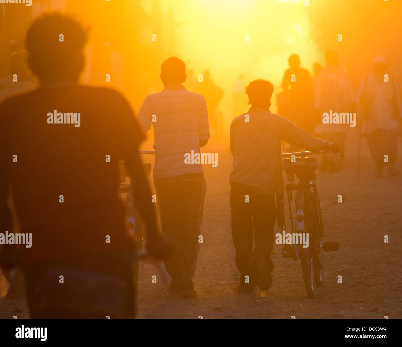 Busy street scene at sunset with silhouettes of people and bicycles ...