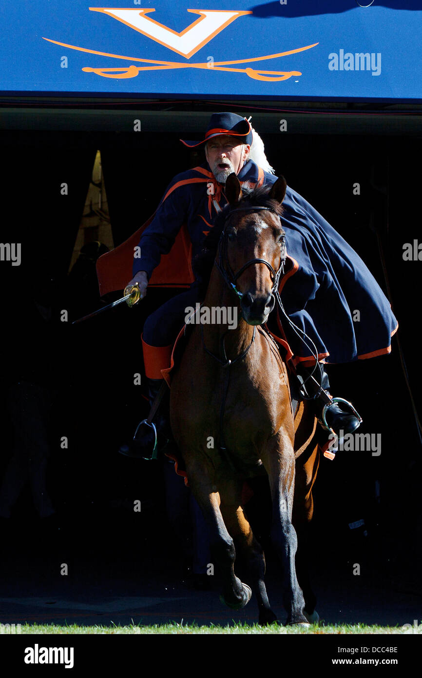 The Virginia Cavaliers mascot enters the field on his horse Sabre ...