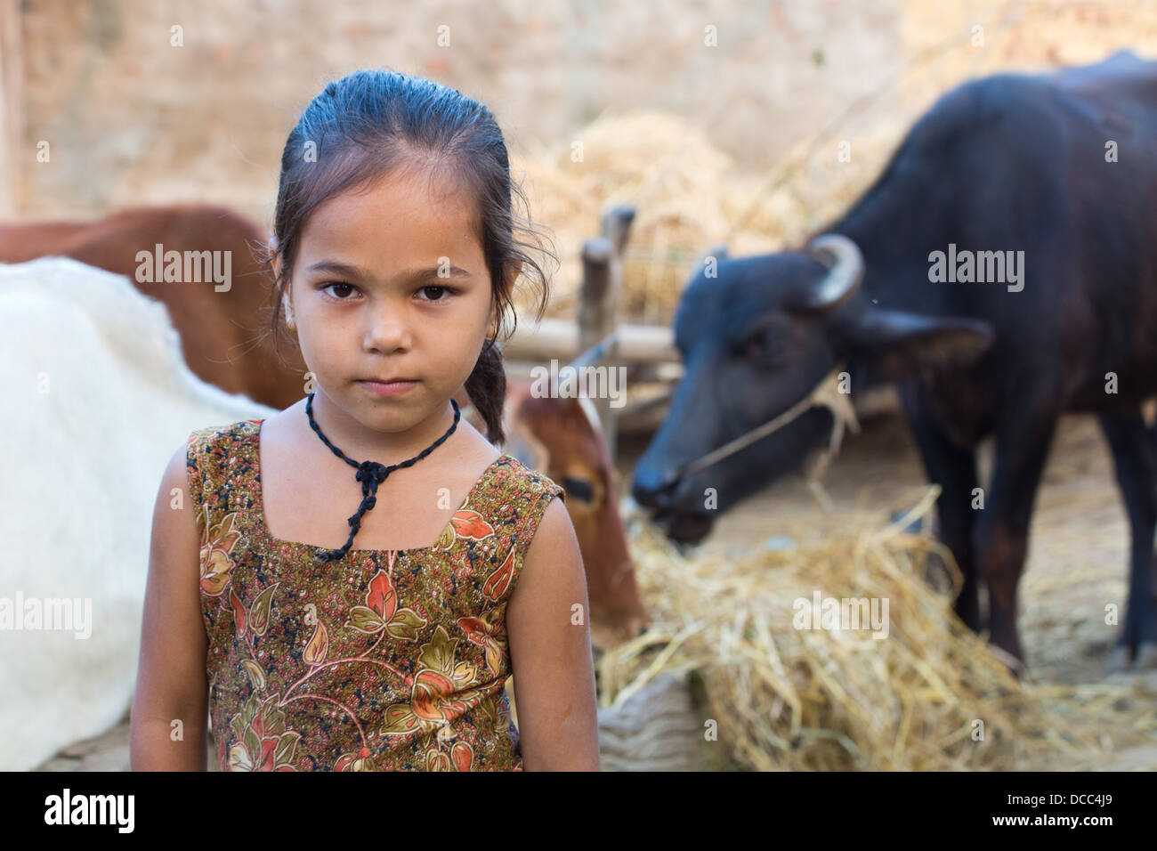 Portrait of a young girl in a rural village in the Terai region of ...