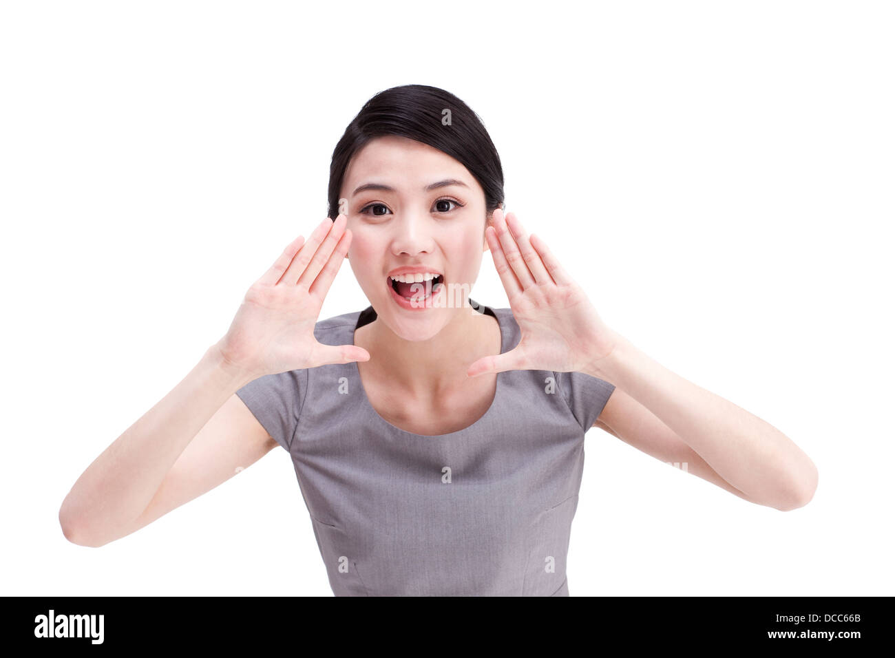 Woman cupped hands shouting hi-res stock photography and images - Alamy