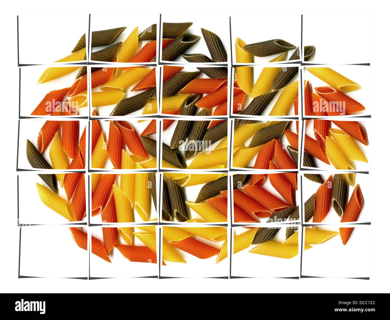 three colour penne italian pasta collage Stock Photo - Alamy