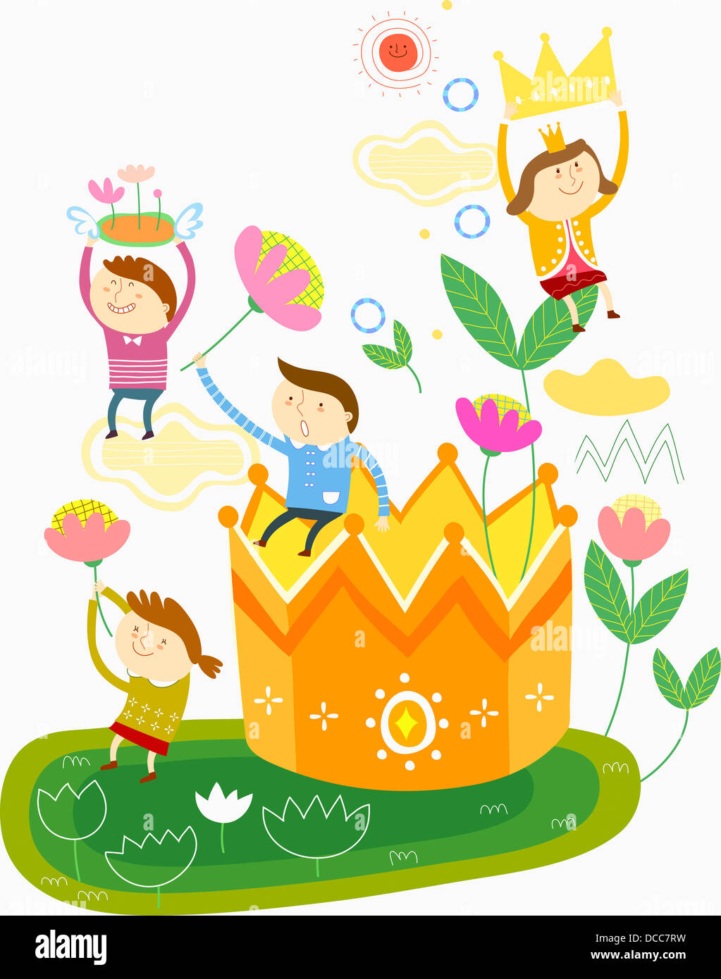 illustration of kids playing with a crown Stock Photo - Alamy