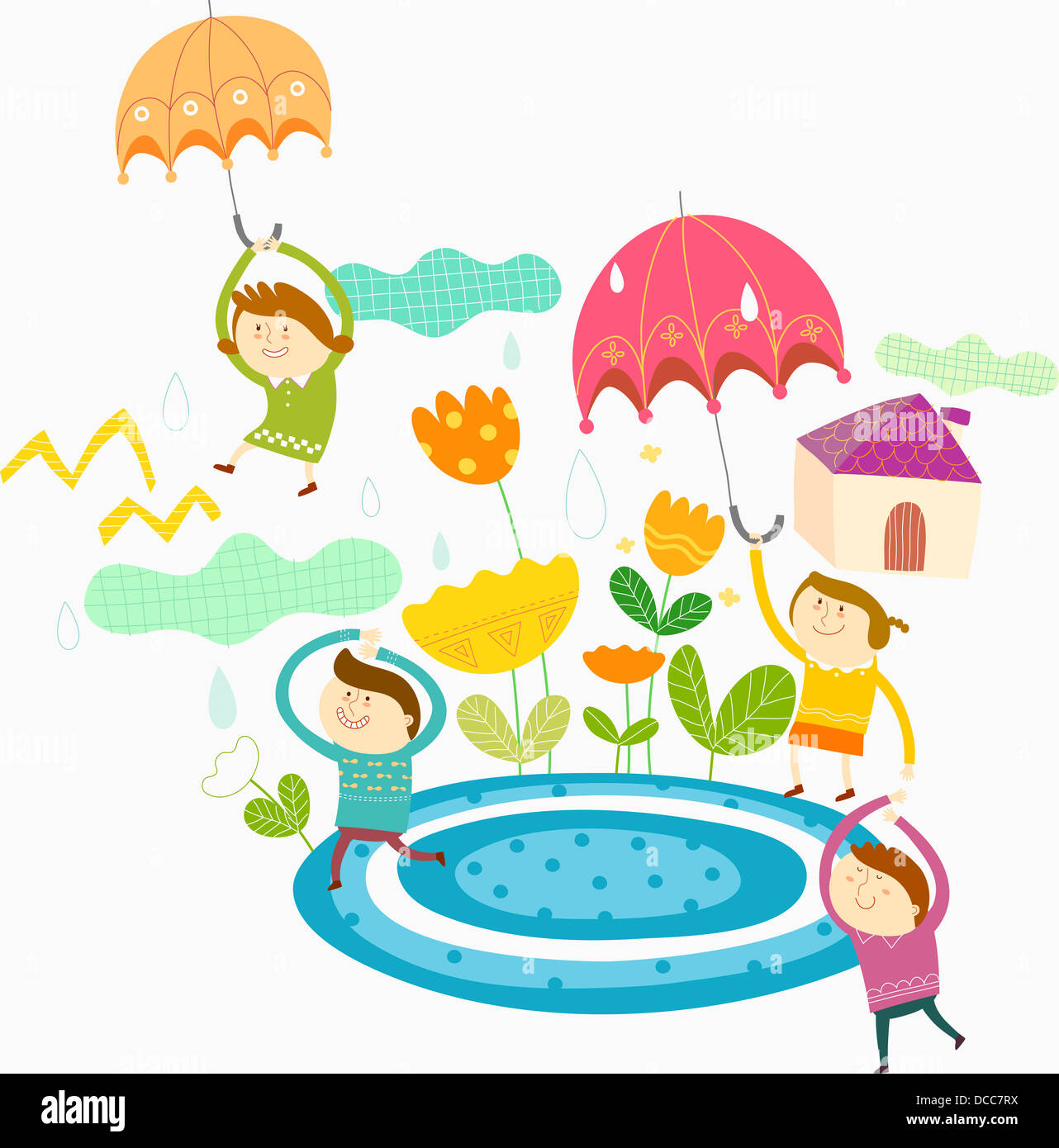 illustration of kids flying with umbrellas Stock Photo - Alamy
