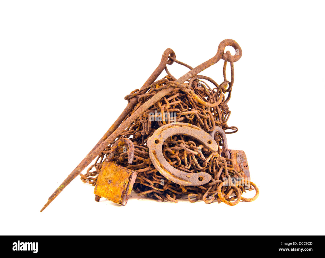 rusty and aged metal iron scrap for recycling isolated on white Stock ...