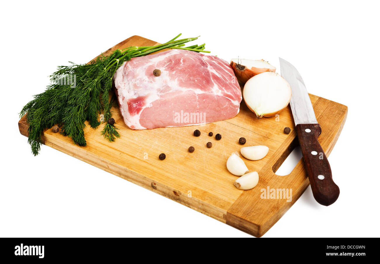 Raw fresh meat on board with condiments on white background Stock Photo ...