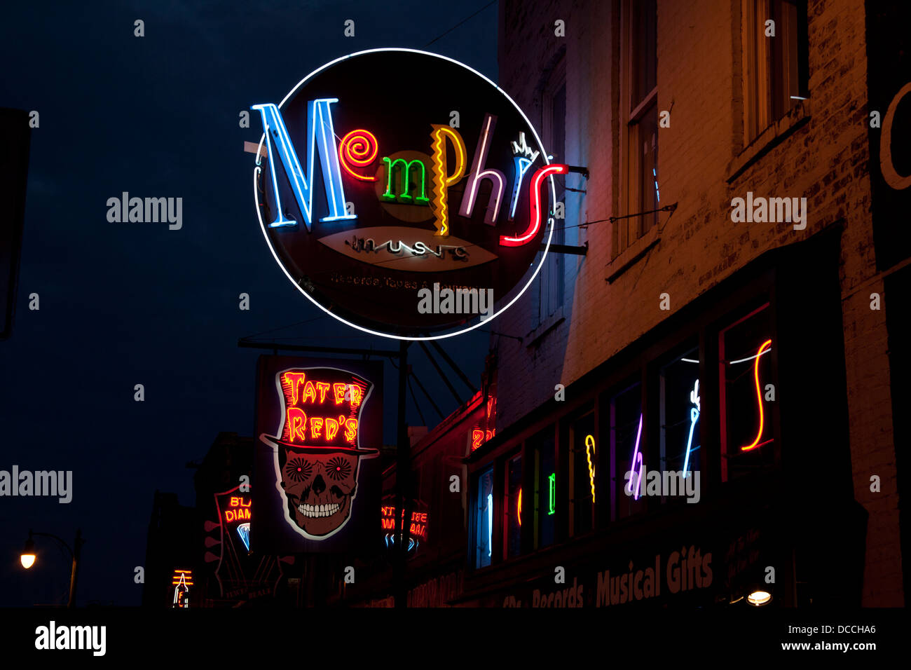Neon lit Bars and clubs on Beale Street at night in Memphis Tennessee ...