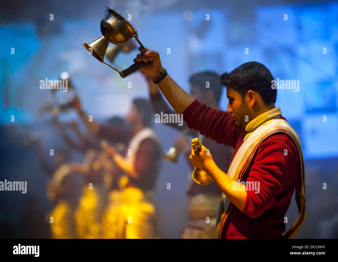 Evening Ganga Aarti Ritual On The Ghats, Varanasi, India Stock Photo ...