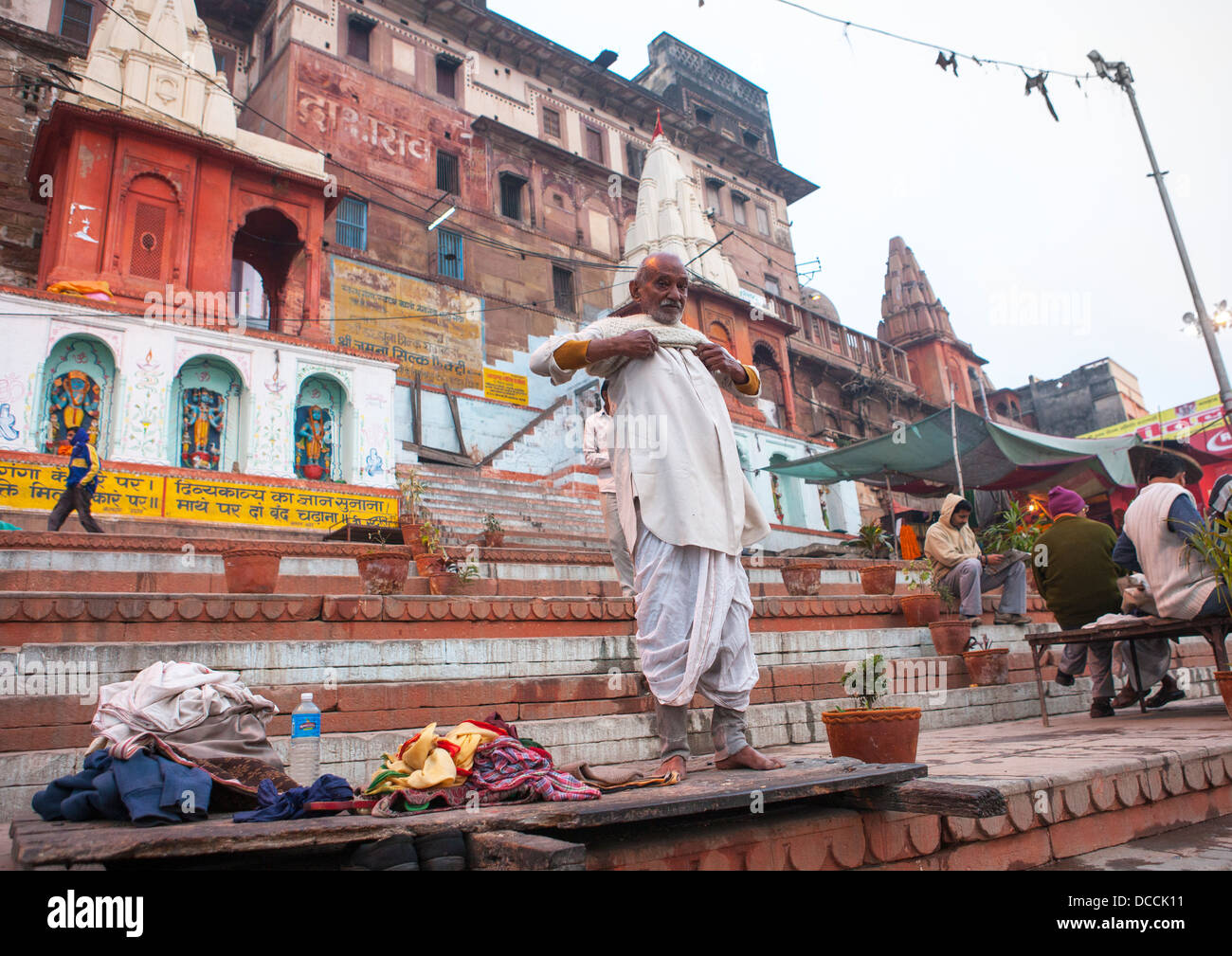 Pilgrims Going To Bath At Ghat Steps On River Ganges, Varanasi, India ...