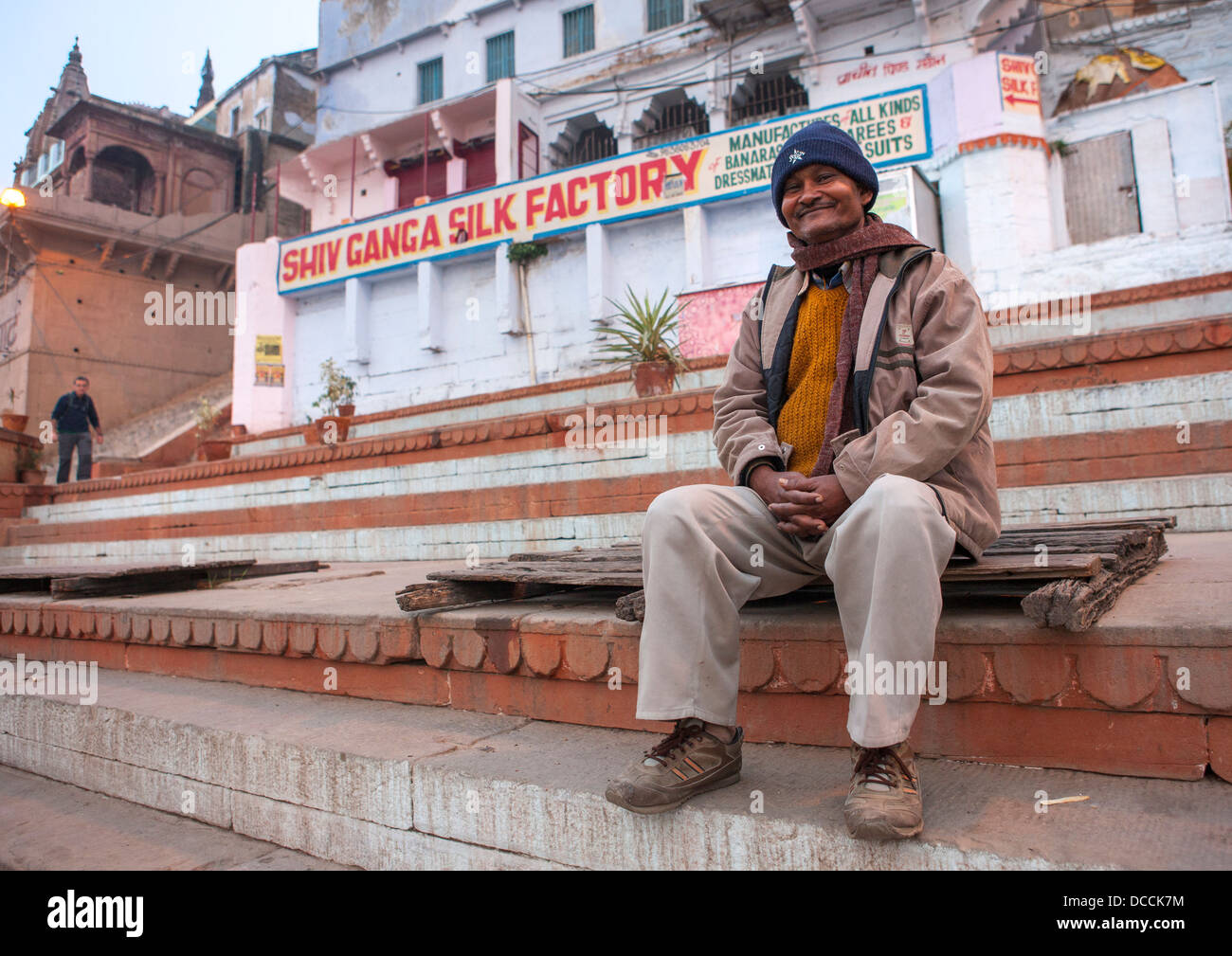 Pilgrim Sitting On Ghat Steps On River Gangesvaranasi, India Stock ...