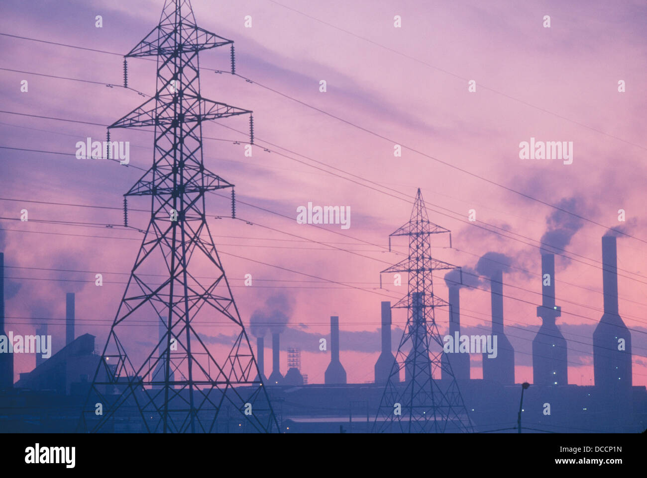 Electric power towers and aluminum smelting stacks. Jonquiere. Quebec ...