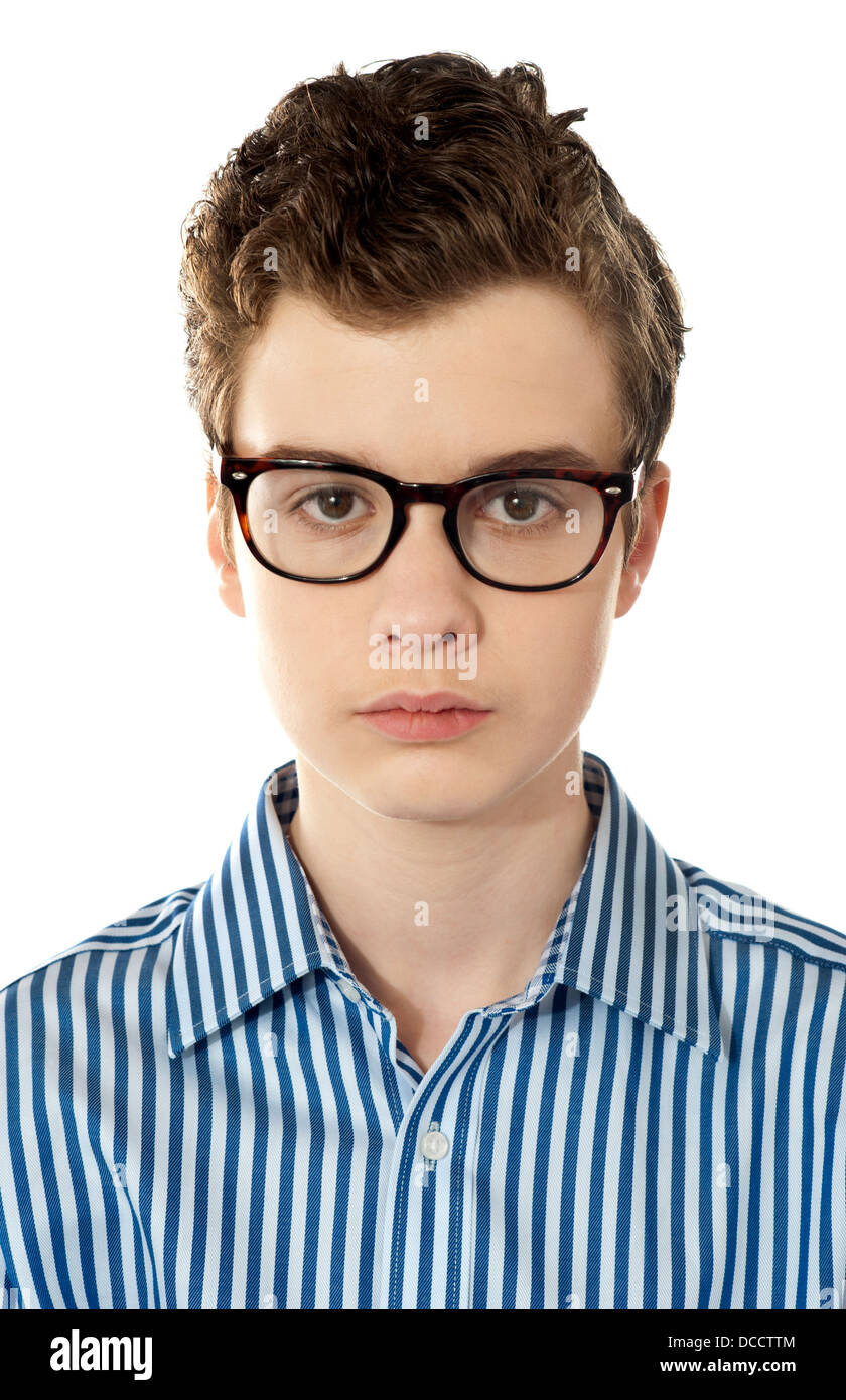 Closeup of a boy wearing glasses isolated over white Stock Photo - Alamy