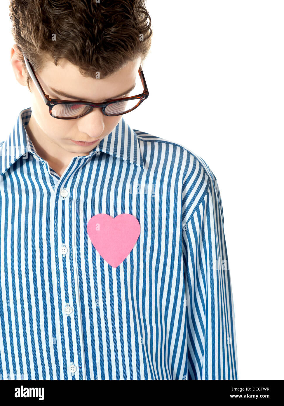 Boy with paper heart on his shirt Stock Photo - Alamy