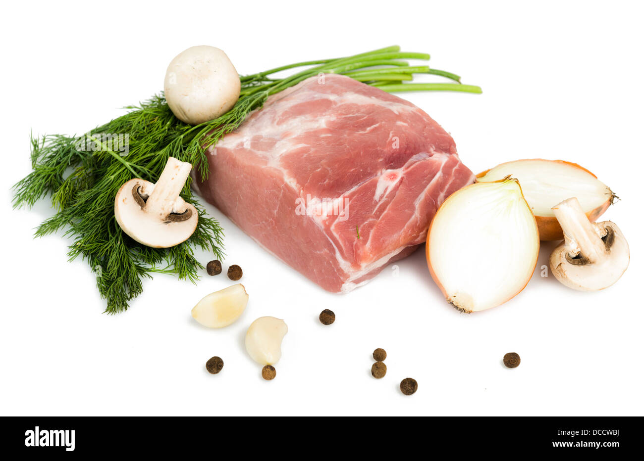 Raw fresh meat on board with condiments on white background Stock Photo ...