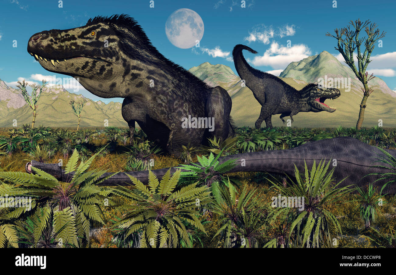 A Pair Of T.Rex Dinosaurs,With Their Kill, A Young Sauropod Stock Photo ...
