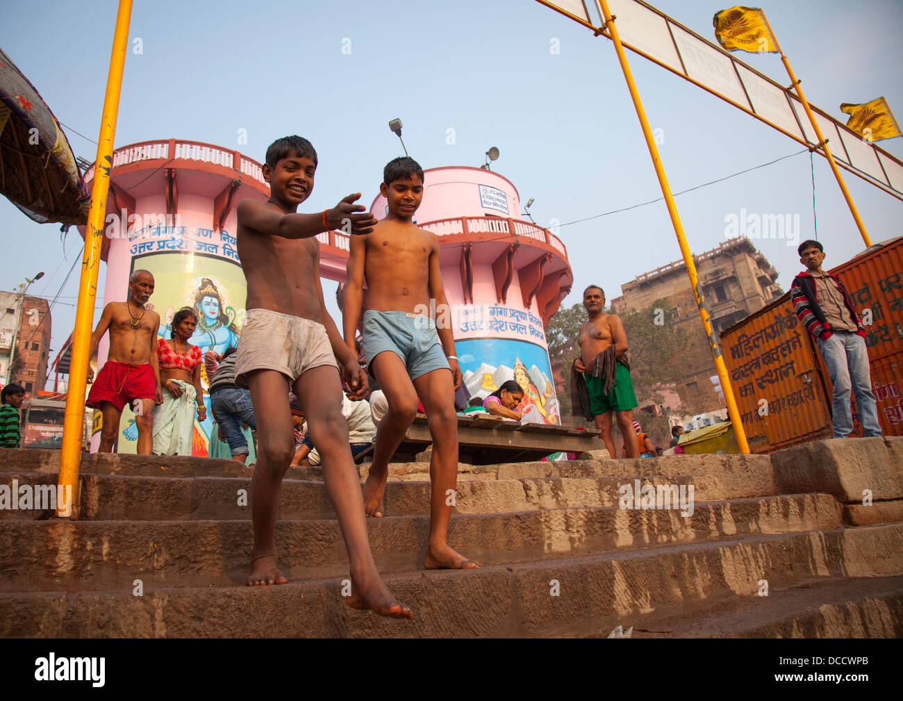 Pilgrims Teenagers Going To Bath At Ghat Steps On River Ganges ...