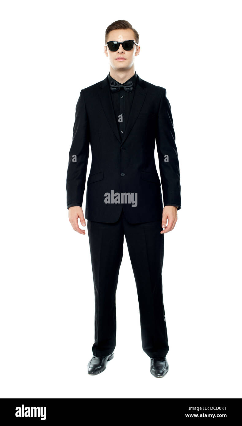 Full length portrait of young man wearing goggles. Posing in style ...