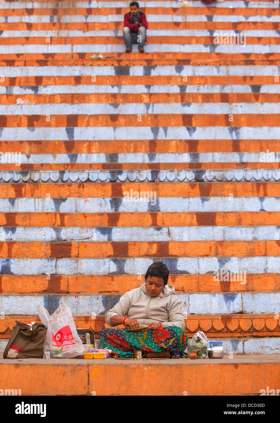 Pilgrims Sitting On Ghat Steps On River Ganges, Varanasi, Indiavaranasi ...