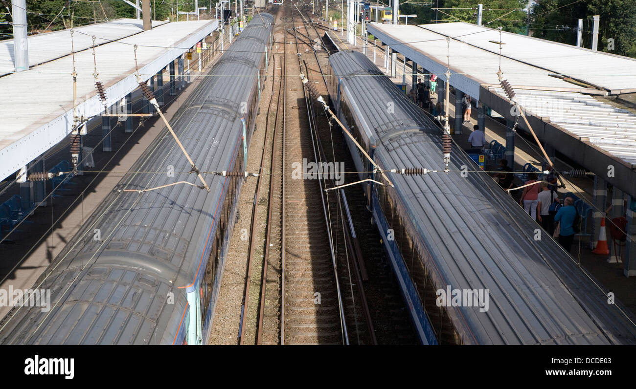 Electric trains from above at platforms Ipswich station Suffolk England ...