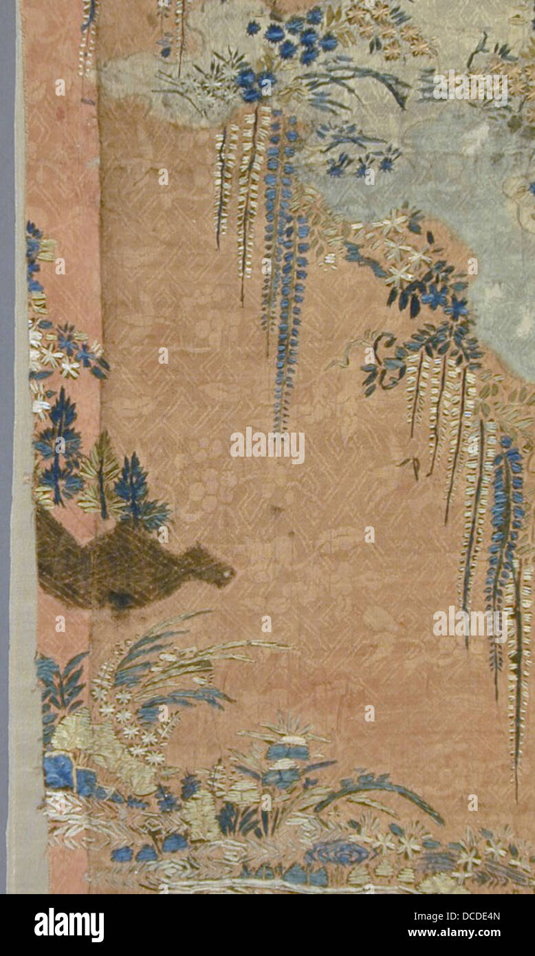 This kosode fragment features a scenic design of mountains, snowflakes ...