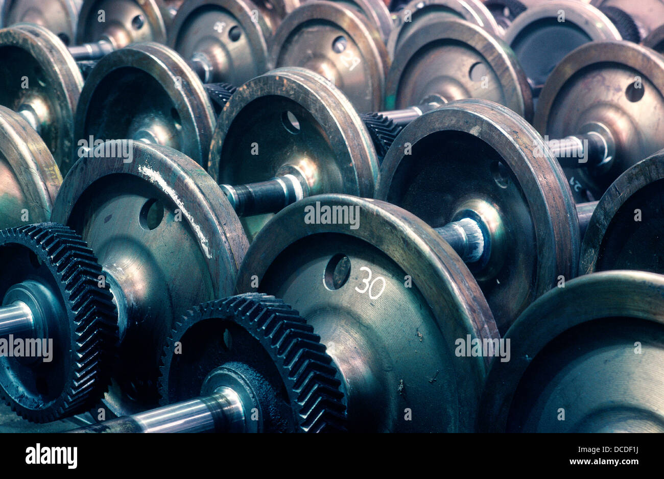 Train wheel bogies awaiting assembly Stock Photo - Alamy