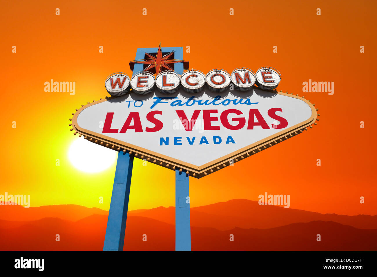 Las Vegas welcome sign with blazing desert sunset Stock Photo - Alamy