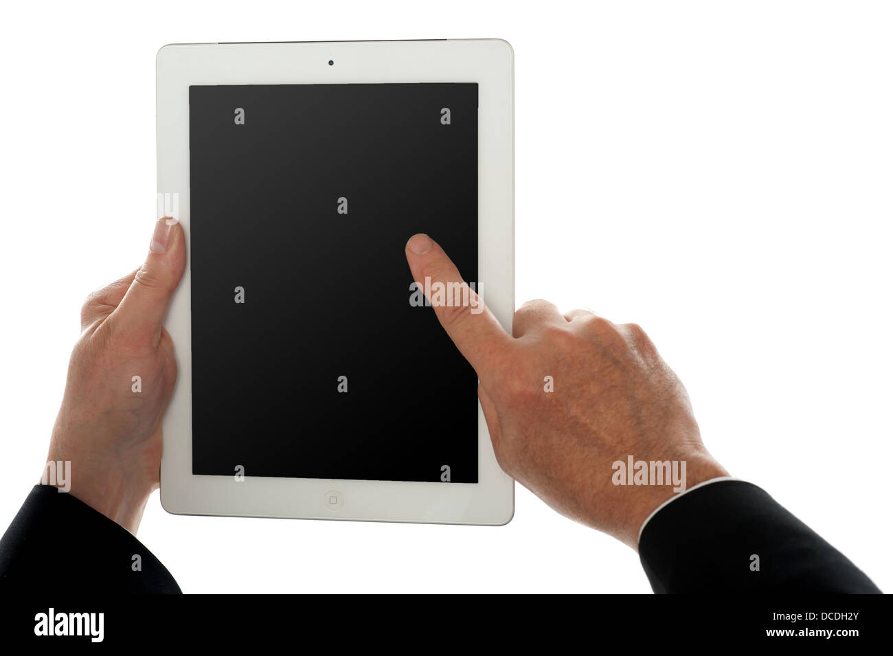 Finger of a man on tablet pc screen, closeup shot. Isolated over white ...