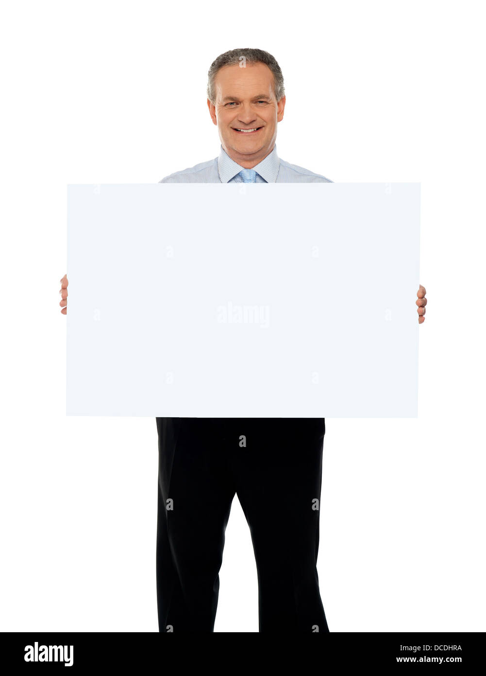 Experienced male representative with blank white ad board Stock Photo ...