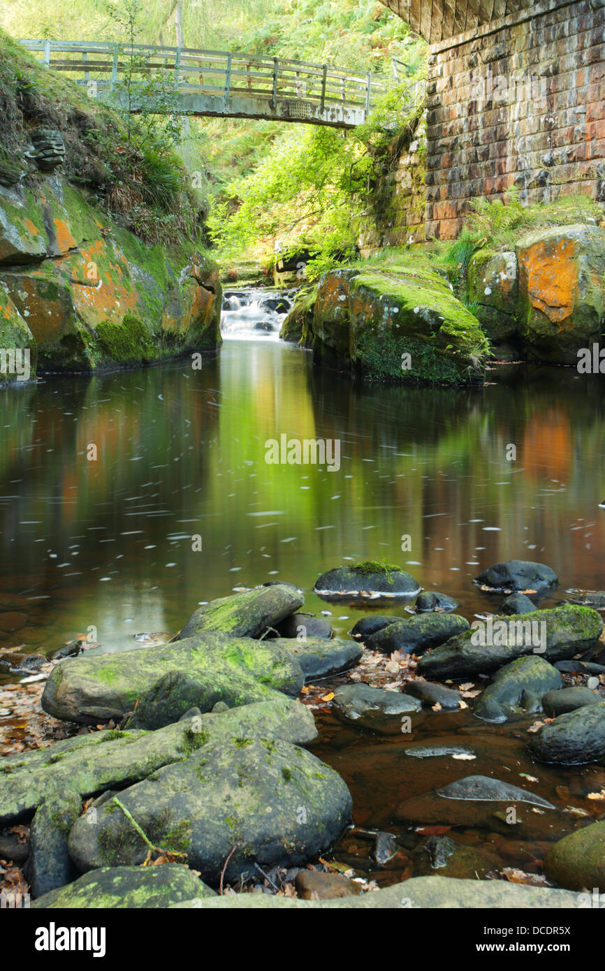 Eller Beck flowing beneath a rail bridge and a pedestrian bridge near ...
