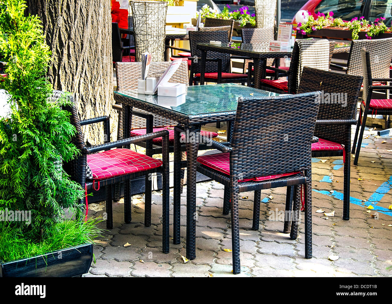 Empty restaurant interior of the restaurant terrace in the open air ...