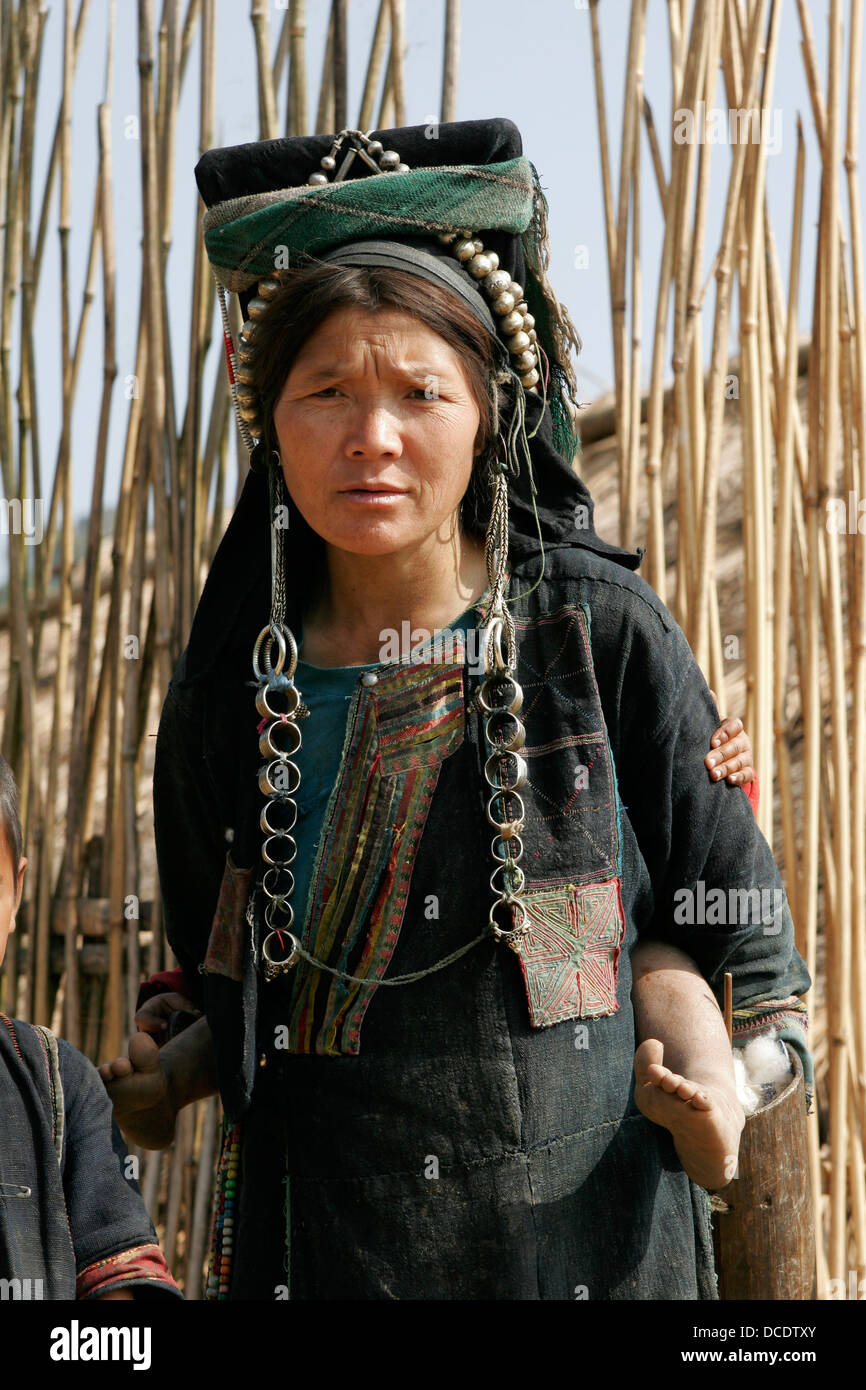 Portrait of ethnic Akha woman in tribal village near Phongsali, Laos ...