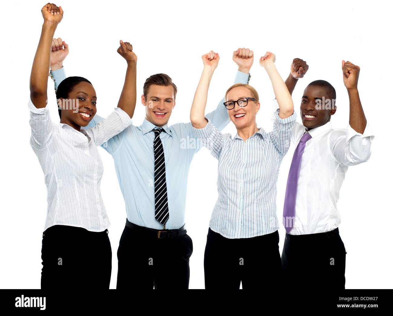 Business team of four celebrating success with arms raised isolated ...