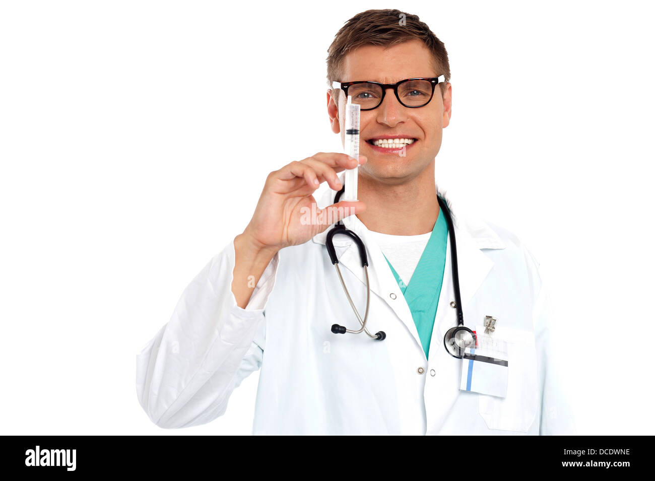 Isolated smiling male doctor with an injection needle with white fluid ...